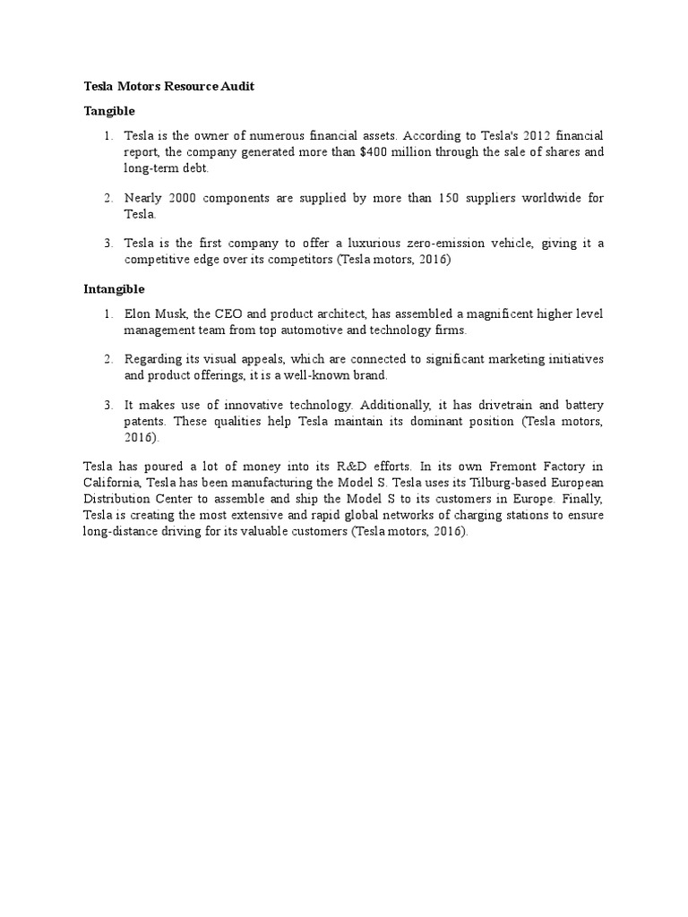 Tesla Motors Resource Audit | PDF | Business | Technology & Engineering