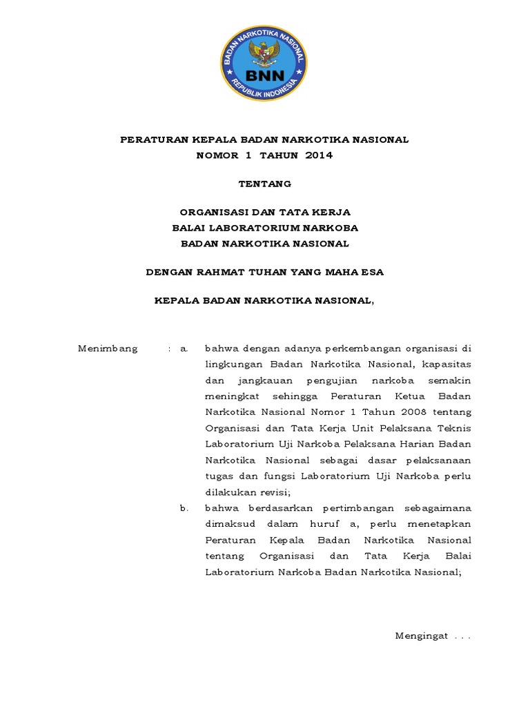 Peraturan Kepala BNN Nomor 1 Tahun 2014 | PDF | Pengembangan Diri