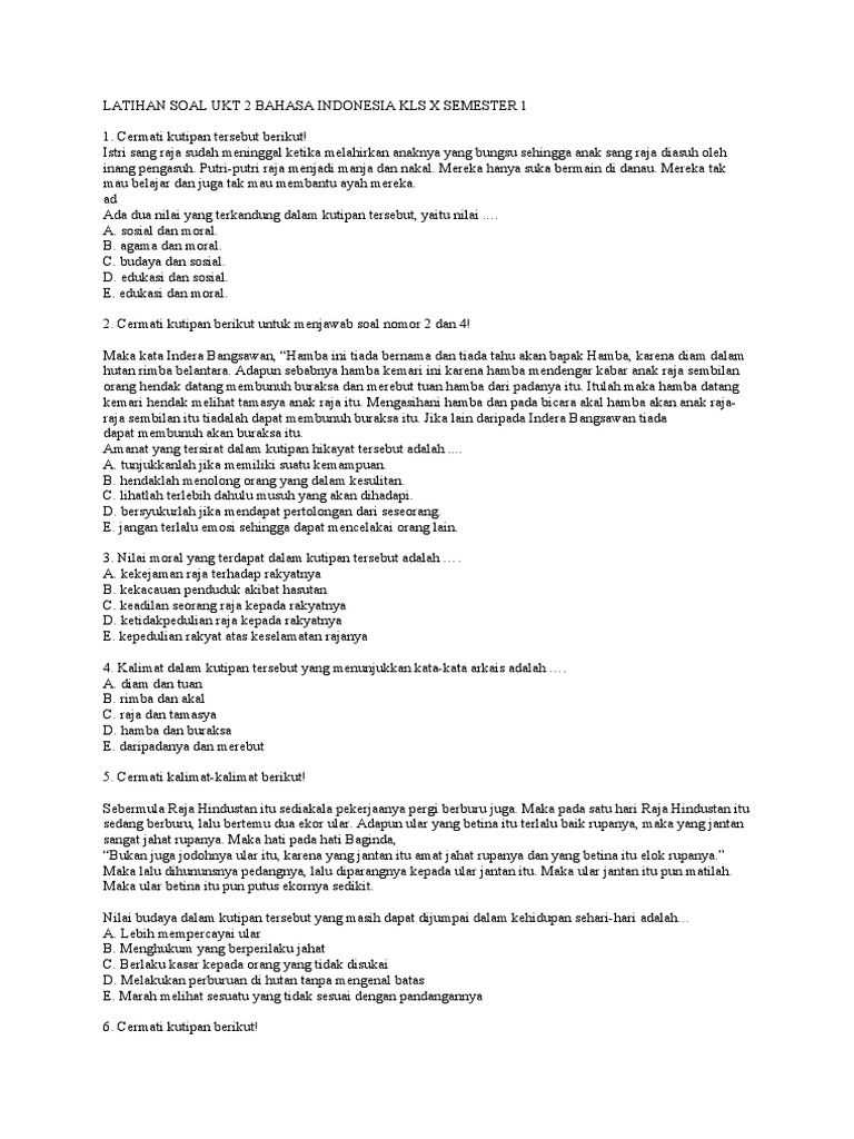 Latihan Soal Ukt 2 Bahasa Indonesia Semester 1 | PDF