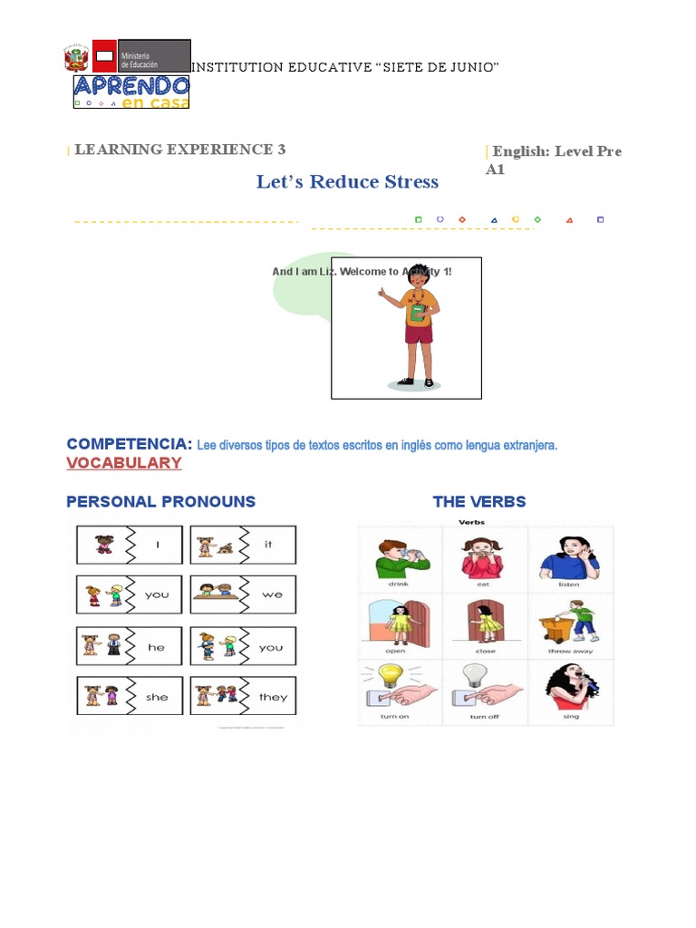 Let's Reduce Stress: Learning Experience 3 English: Level Pre A1 | PDF