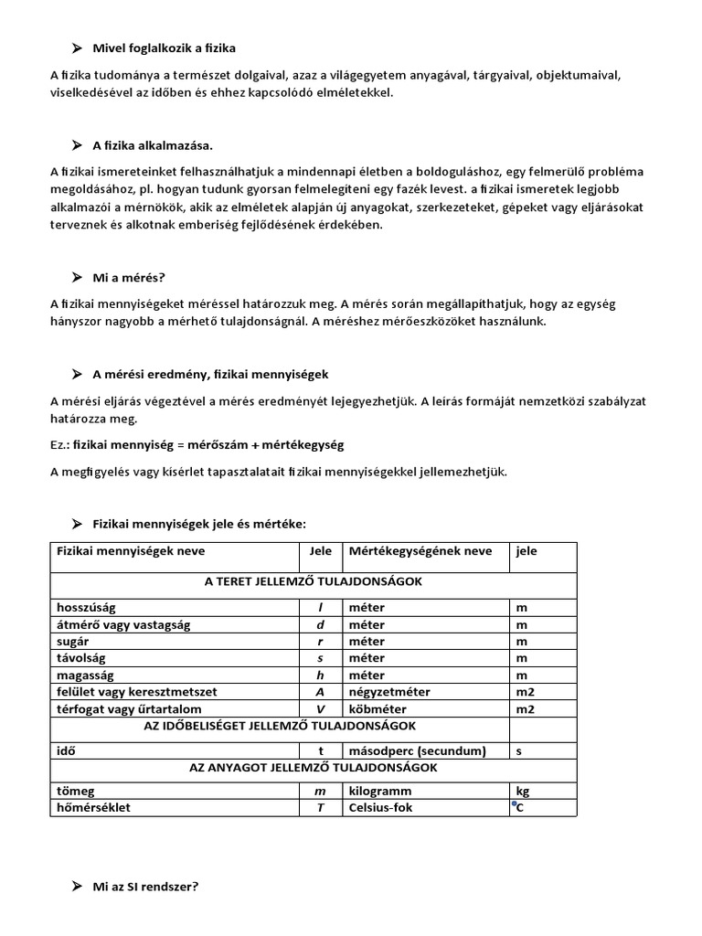Fizika I. Bevezetés A Fizikába (Összefoglalás) 7.oszt. | PDF