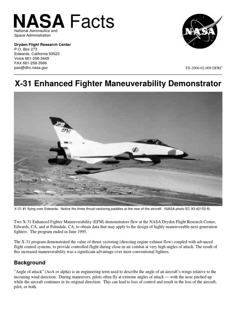 NASA Facts X-31 Enhanced Fighter Maneuverability Demonstrator 2000 | PDF