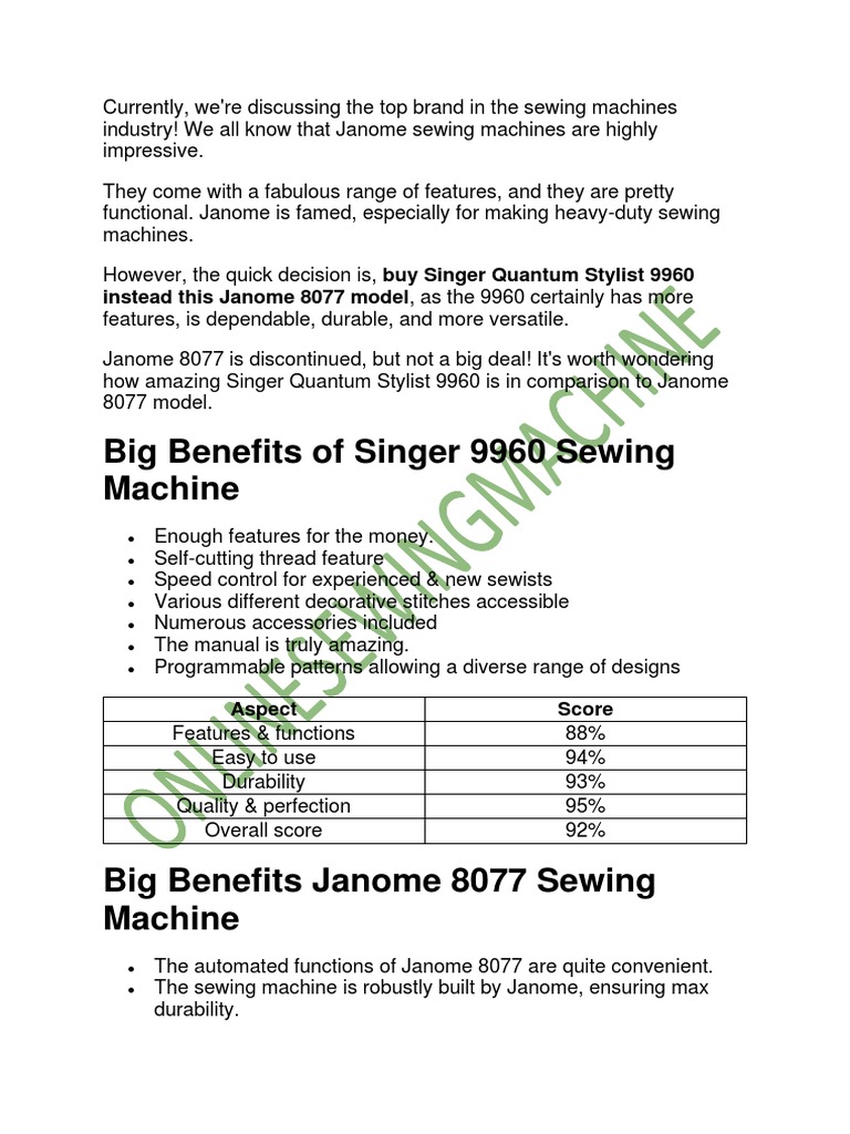 Janome 8077 Reviews 2022 Beaten Up by Singer 9960 | PDF | Sewing ...