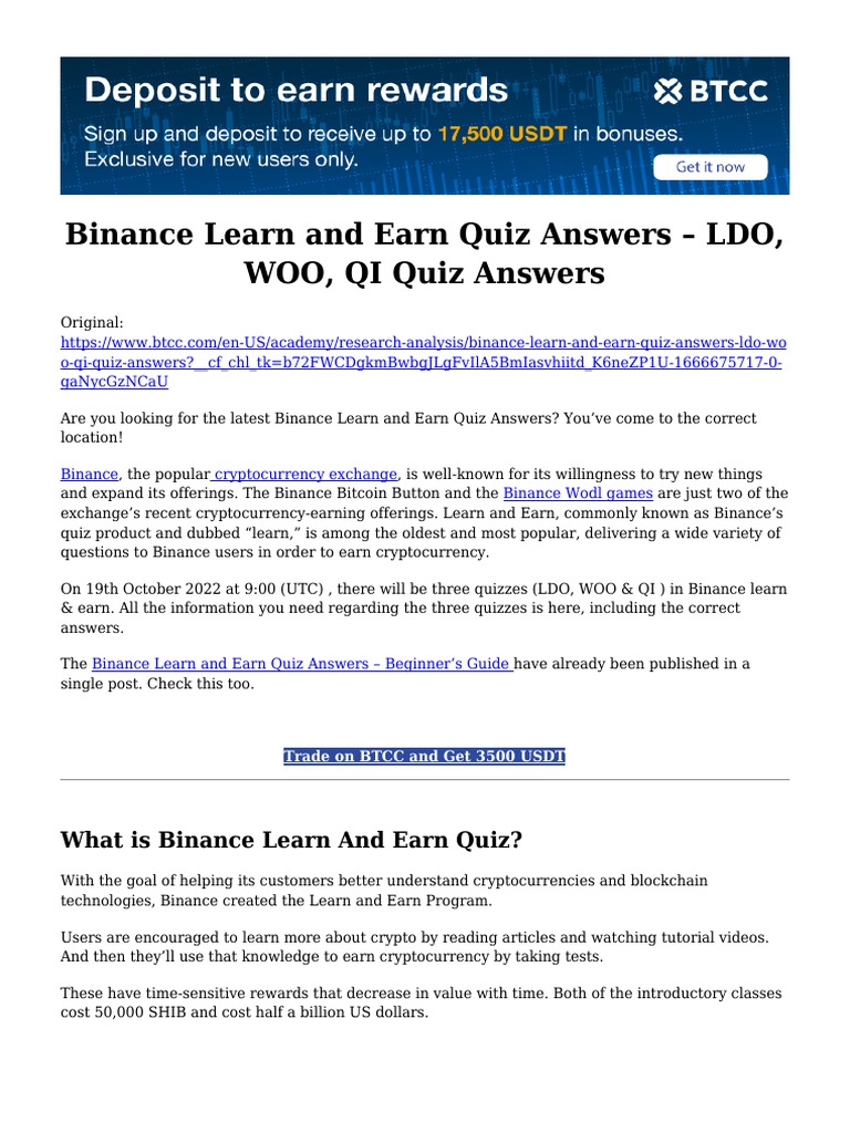 Binance Learn and Earn Quiz Answers Ldo Woo Qi Quiz Answers | PDF | Cryptocurrency ...