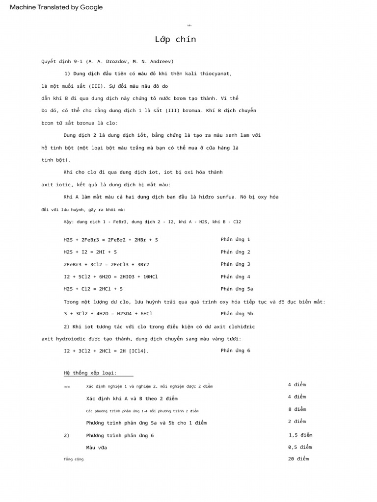 Lớp Chín: Vậy: Dung Dịch 1 - Febr3, Dung Dịch 2 - I2, Khí A - H2S, Khí ...
