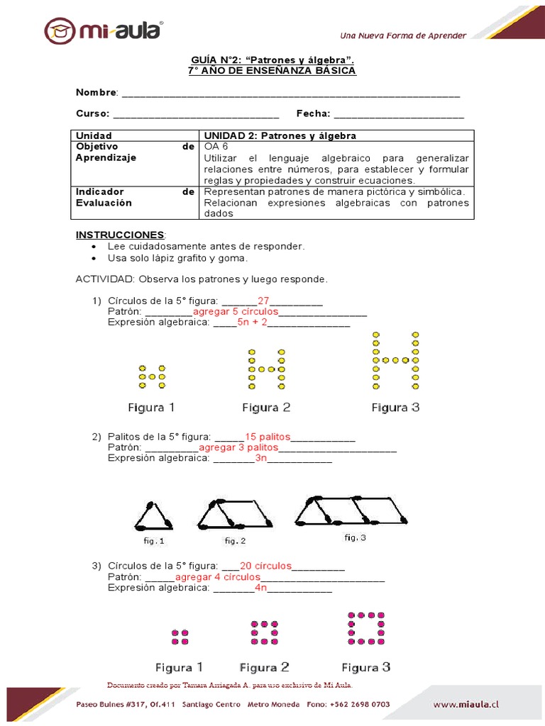Solucionario Guia 2 Patrones y Algebra Matematica | PDF | Fórmula | Álgebra