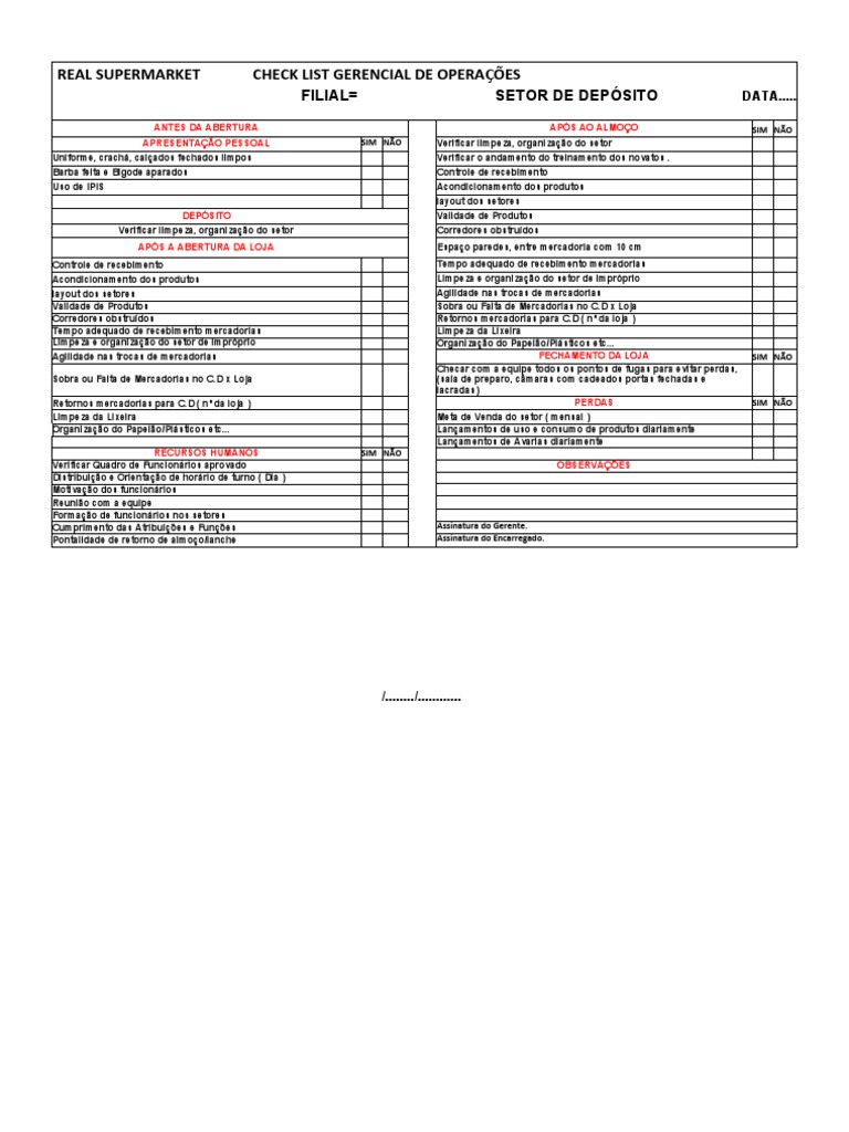 Check List Operacional Setor Depósito | PDF