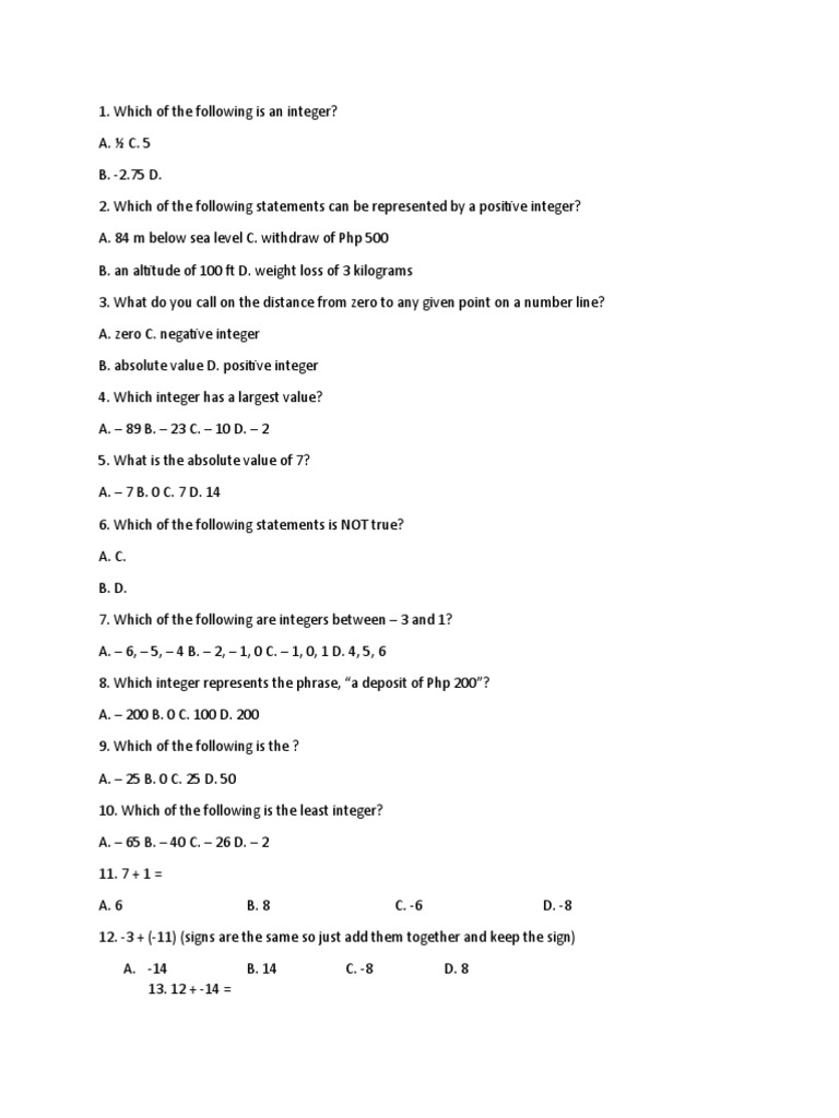 Summative Test Absolute Value and Integers | PDF | Teaching Methods ...