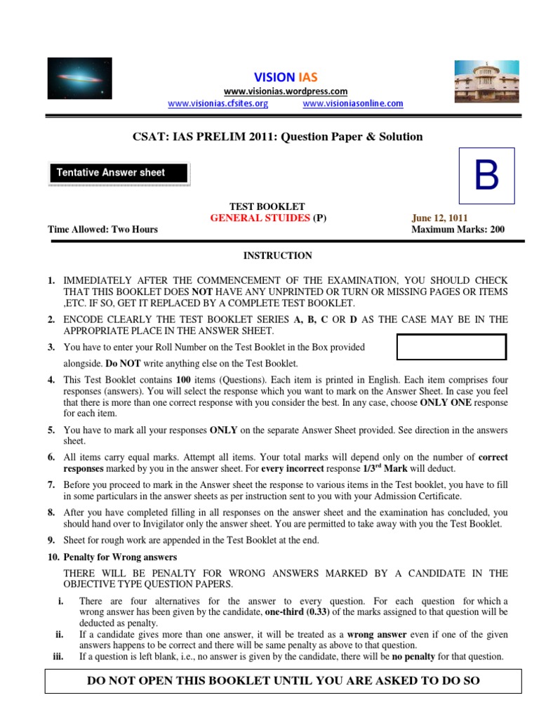Csat Ias General Studies Prelim 2011 Question Paper Solution1 | PDF ...