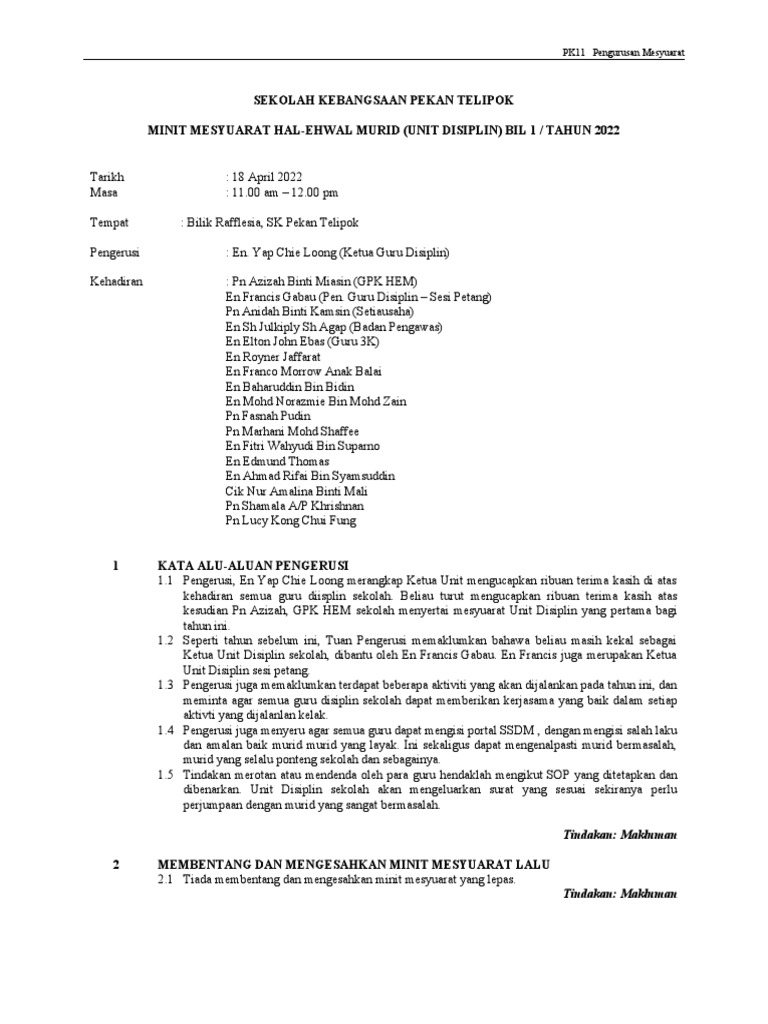 MINIT MESY DISIPLIN Pertama 2022 | PDF