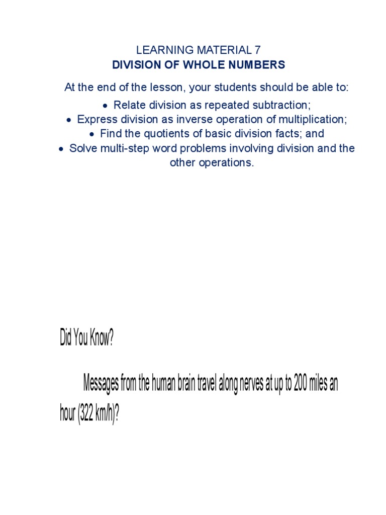 Lesson 7 - Division of Whole Numbers | PDF | Division (Mathematics ...