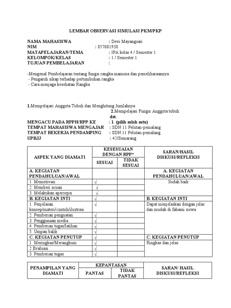 Lembar Observasi Simulasi PKM | PDF