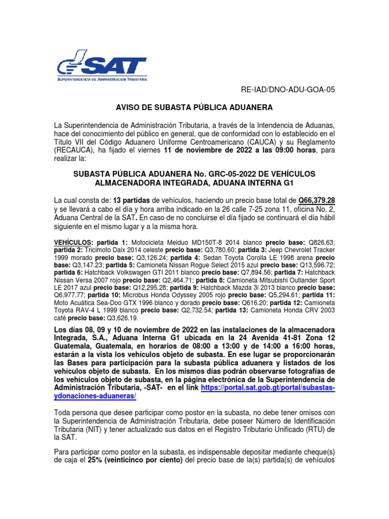 AVISO DE SUBASTA PUBLICA ADUANERA No. GRC 05 2022 DE VEHICULOS ALMACENADORA INTEGRADA ADUANA ...