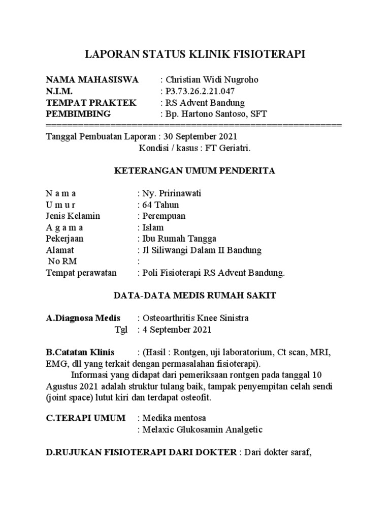 Laporan Status Klinik Fisioterapi Rs Advent | PDF