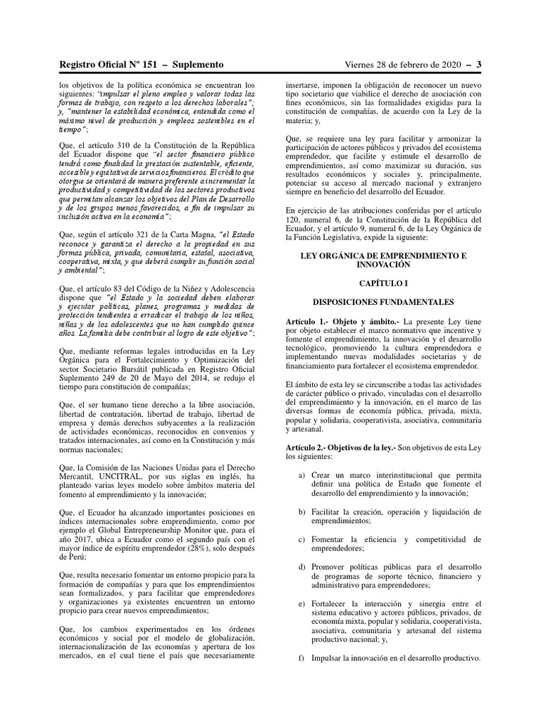 Ley Orgánica de Emprendimiento e Innovación - Cap.1-2 | PDF ...
