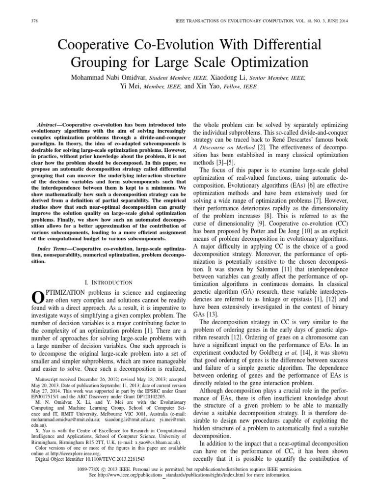 Cooperative Co-Evolution With Differential Grouping For Large Scale Optimization | PDF ...