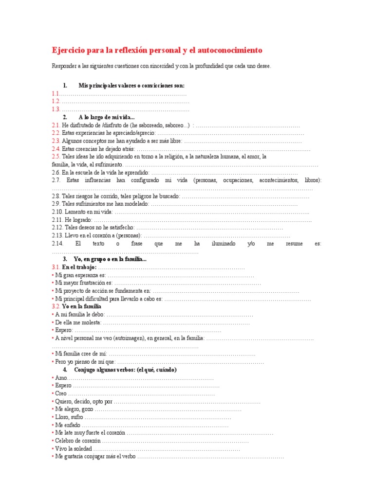 Ejercicio para La Reflexión Personal y El Autoconocimiento | PDF | Metafísica de la mente ...