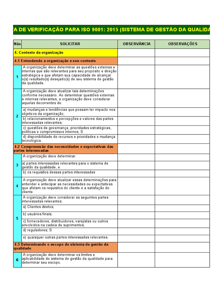 Check List Iso 9001 2015 | PDF | Qualidade (negócios) | Gestão de qualidade