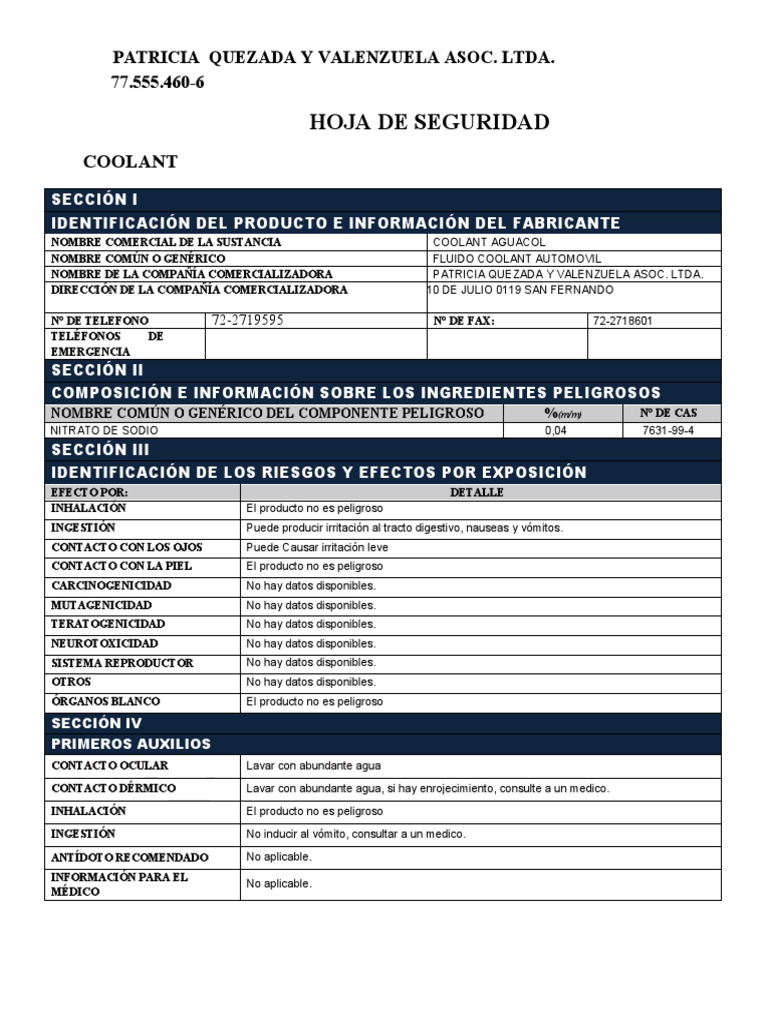 Hoja de Seguridad Coolant | PDF | Agua | Sustancias químicas