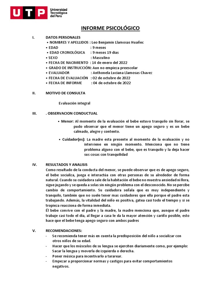 Ta3 Informe Psicologico | Descargar gratis PDF | Teoría de apego | El embarazo