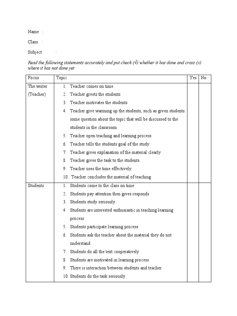 Classroom Observation Checklist: Teacher and Student Focus and ...