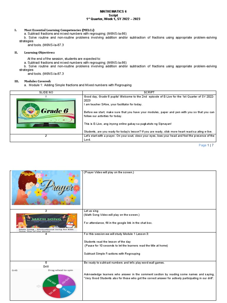 Script - Math6 - Q1 - Subtracts Simple Fractions With Regrouping | PDF | Learning | Cognitive ...