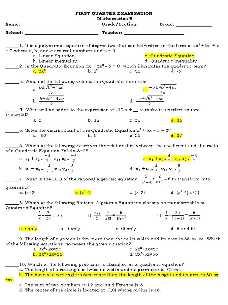 Grade 9 Periodic Test | PDF | Equations | Quadratic Equation