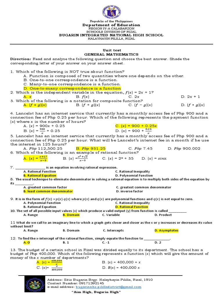Bugarin High School Math Test | PDF | Function (Mathematics) | Polynomial