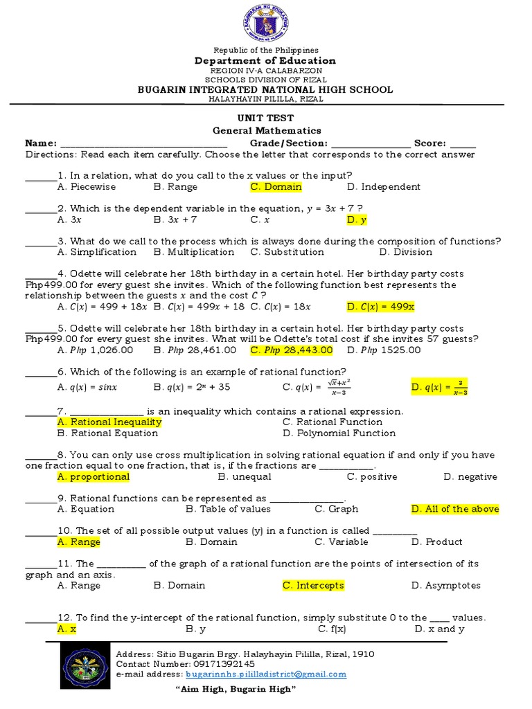 General Mathematics Unit Test for Bugarin Integrated National High ... General Mathematics Unit Test for Bugarin Integrated National High ...