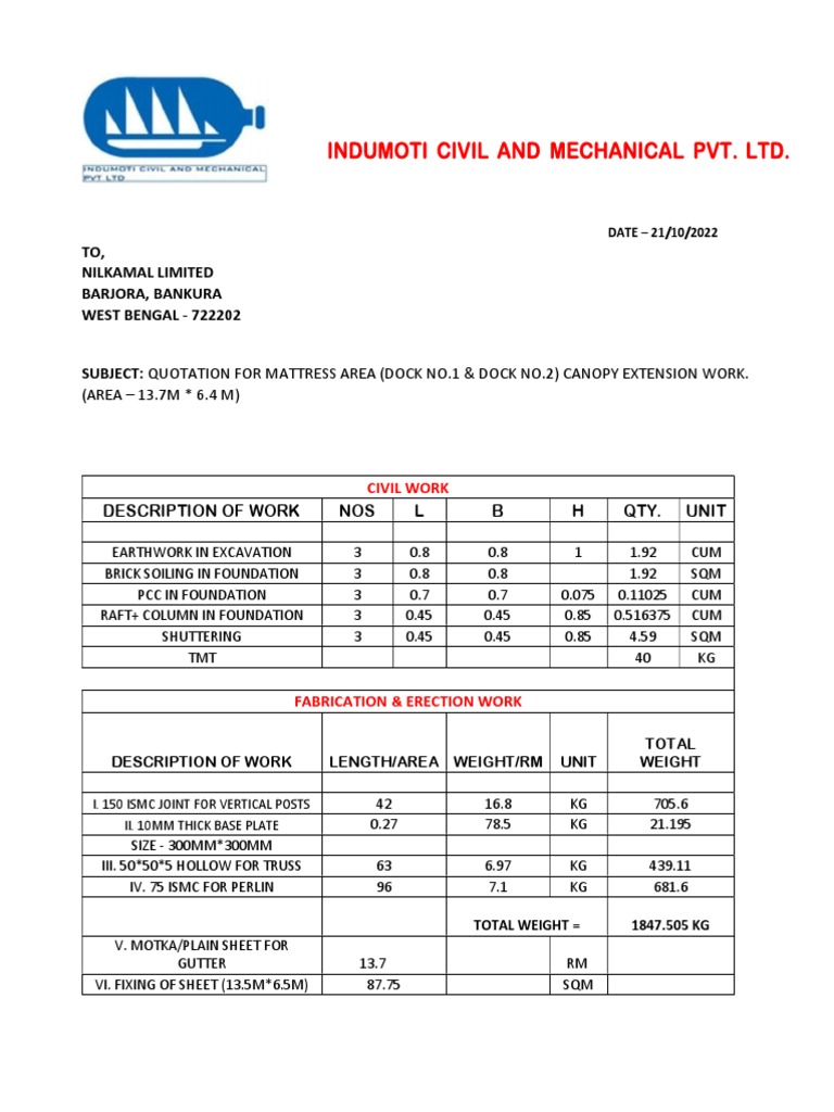 Quotation For Canopy Extension of Mattress Dock | PDF | Civil Engineering | Economic Sectors