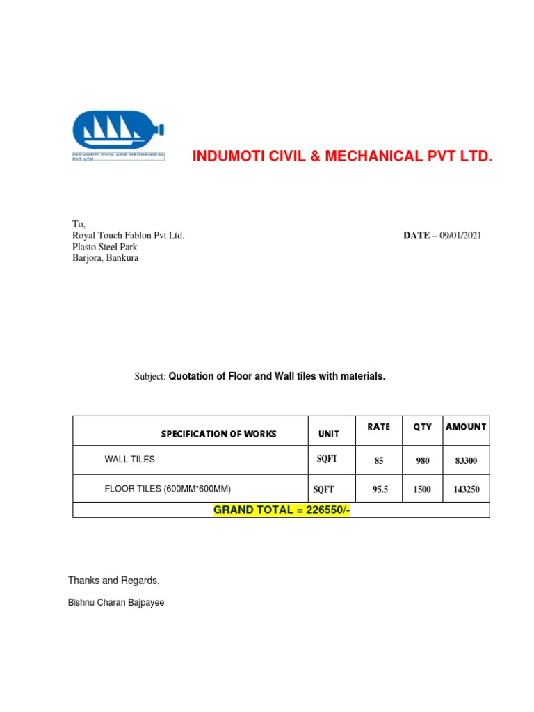 Quotation for Floor and Wall Tiles | PDF | Technology & Engineering