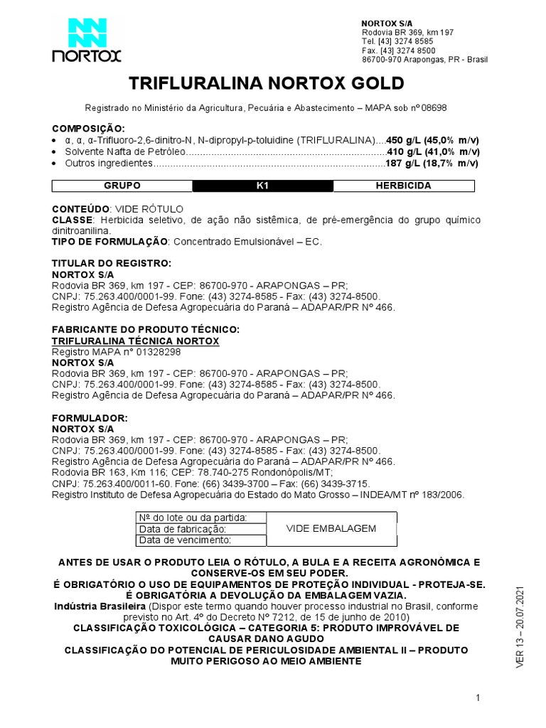 Trifluralina Nortox Gold - Bula VER 13 - 20.07.2021 | PDF | Embalagem e ...