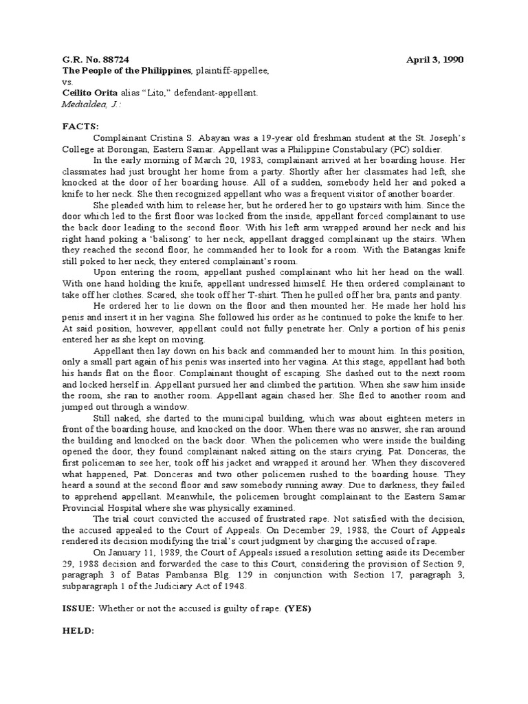 CASE No. 20 People of The Philippines vs. Ceilito Orita | PDF | Rape | Crimes