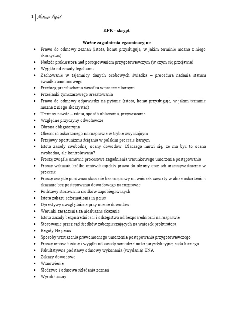 1 Mateusz Popiel. KPK - Skrypt | PDF