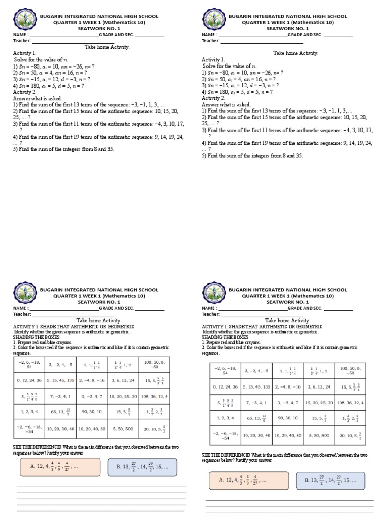 Seatwork No 2 Grade 10 Pdf Arithmetic Sequence