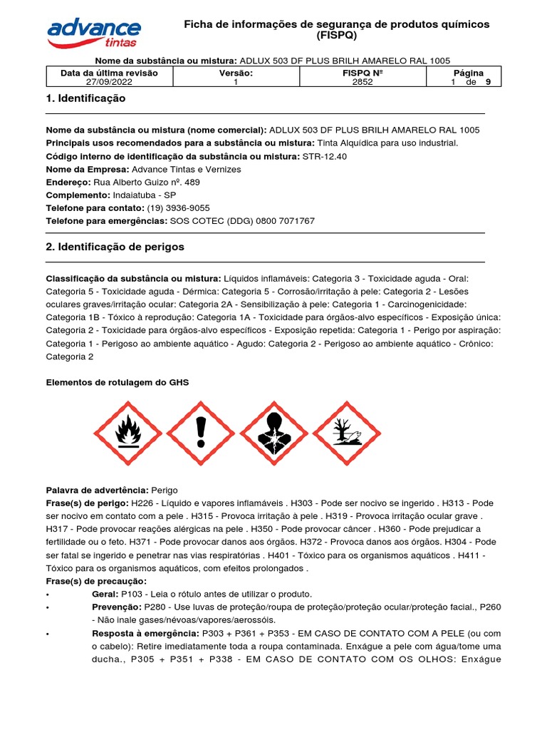 FISPQ - ADLUX 503 DF PLUS BRILH AMARELO RAL 1005 - Revisao - 1 | PDF | Embalagem e rotulagem ...
