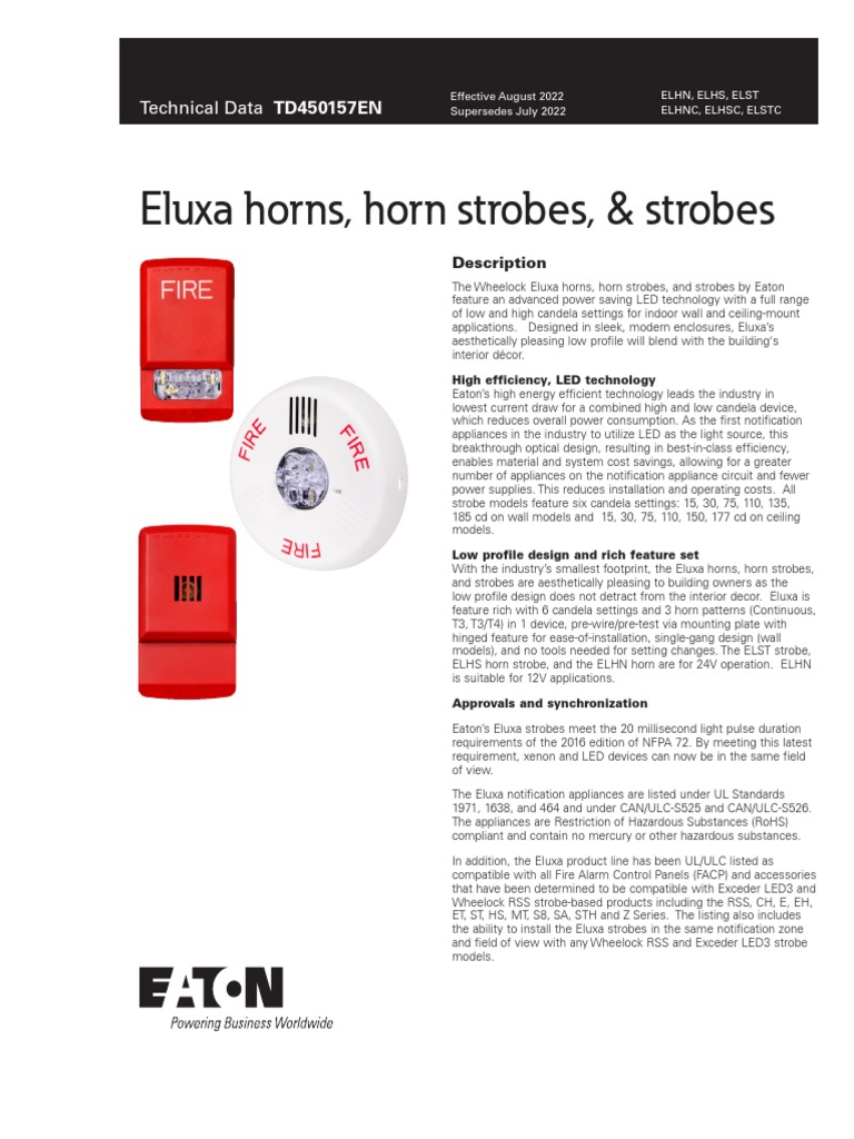 Eluxa Horns Strobes Data Sheet TD450157EN | PDF | Electrical Engineering | Manufactured Goods