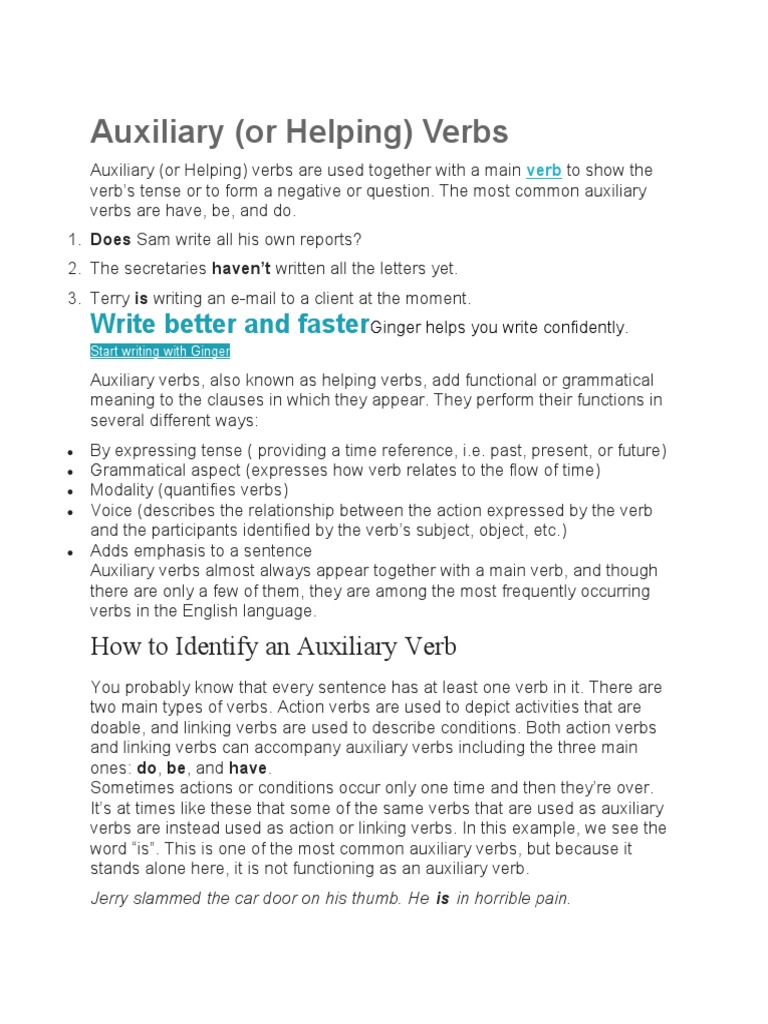Auxiliary Verbs Identifying Helping Verbs In Sentences Pdf Verb