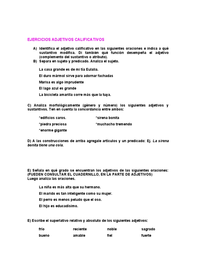 Análisis de adjetivos calificativos y ejercicios de grado y funciones | PDF