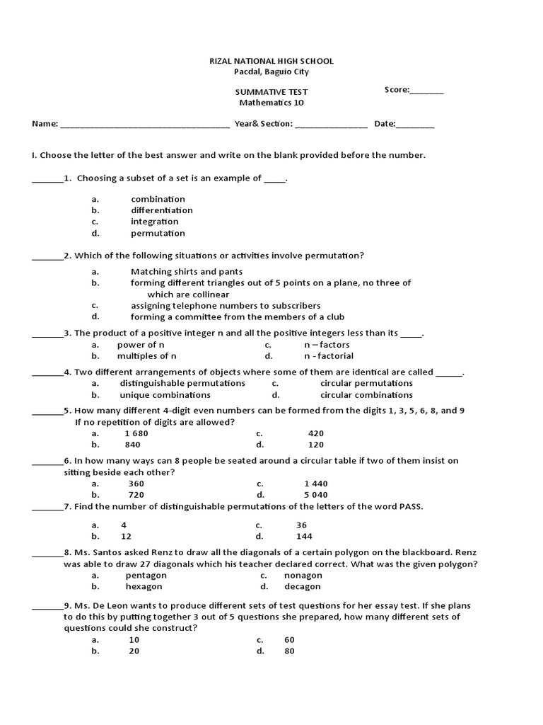 Summative Test | PDF | Permutation | Equations