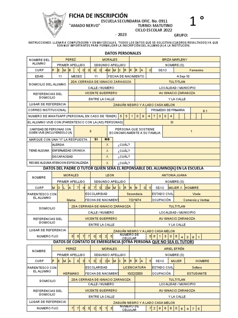 Ficha Inscripcion Alumnos 1â° Ciclo 2022 - 2023 | Descargar gratis PDF ...