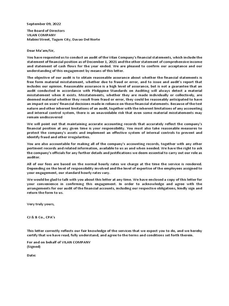 Engagement Letter | PDF | Financial Audit | Internal Control