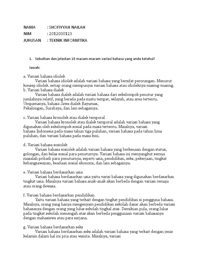 Tugas B.indo 10 Macam-Macam Variasi Bahasa | PDF | Ilmu Sosial | Seni ...