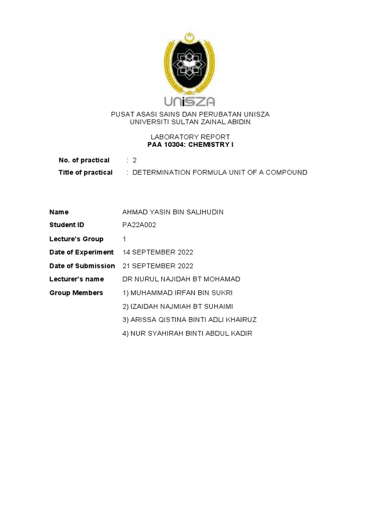 Lab 2 Chemistry (Determination Formula Unit of Compound) | PDF | Mole ...