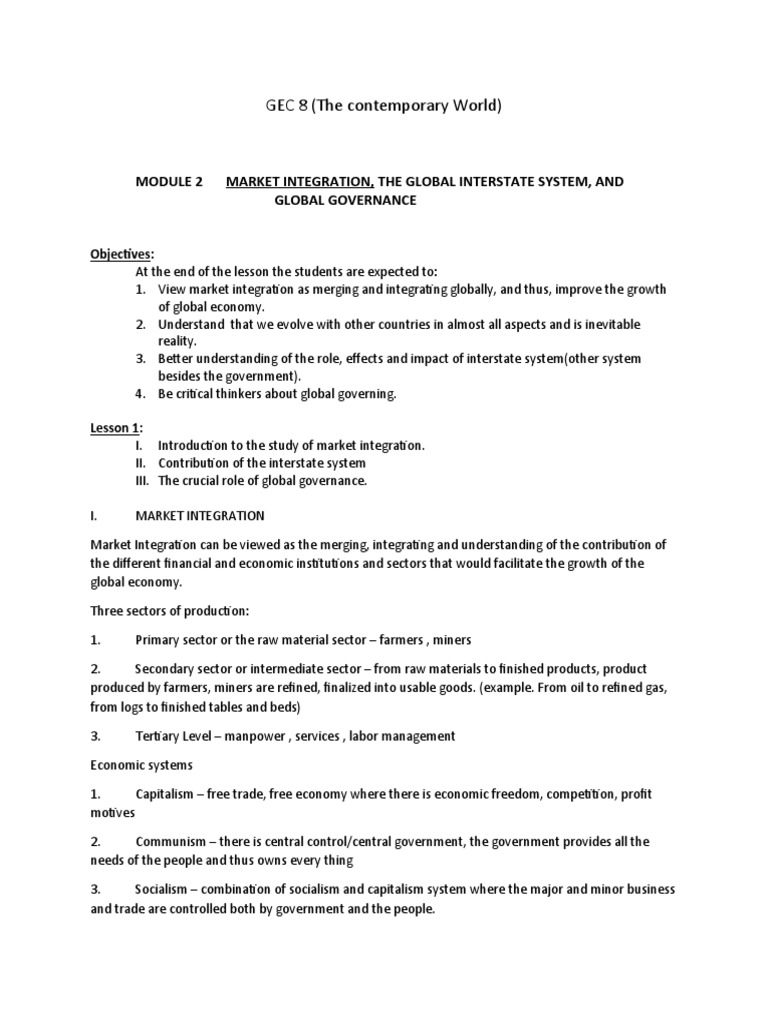 Module 2 Market Integration The Global Interstate System and Global ...