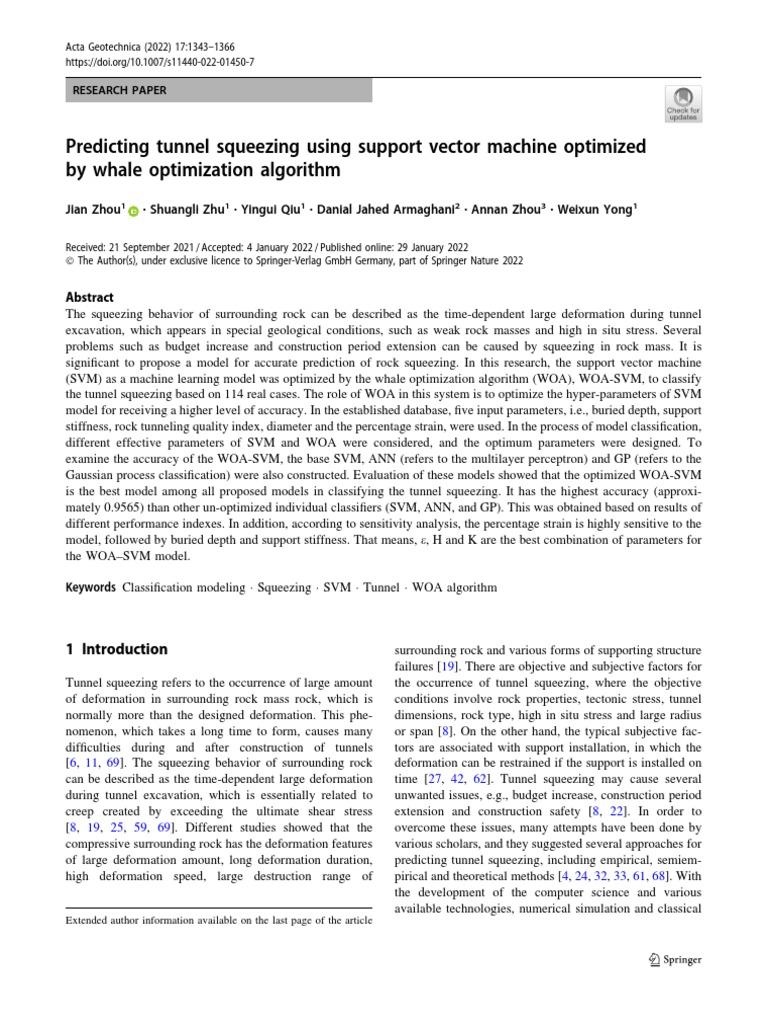 2022 - Predicting Tunnel Squeezing Using Support Vector Machine Optimized by Whale Optimization ...
