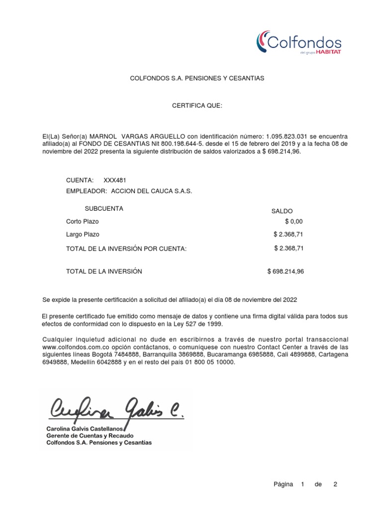 Certificado Cesantias Saldo 1095823031 | PDF | Finanzas y dinero