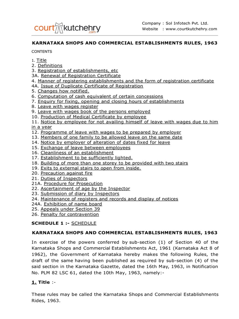 Karnataka Shops and Commercial Establishments Rules, 1963 | PDF ...