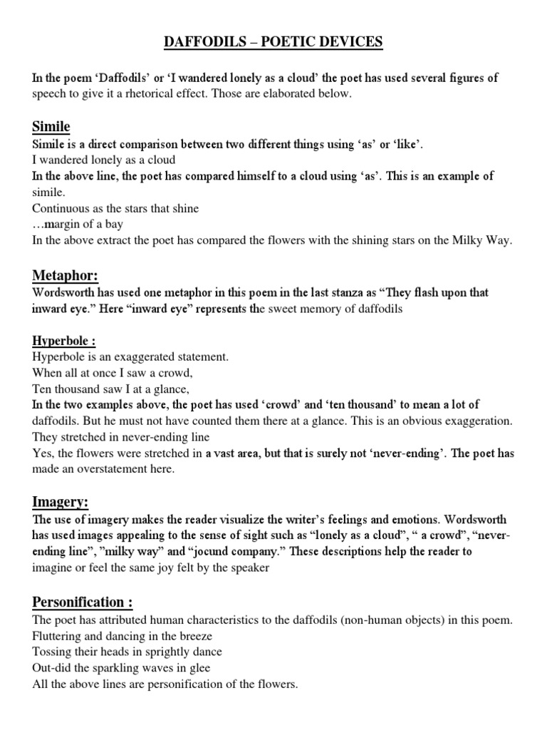 Poetic Devices in Daffodils Explained | PDF | Poetry | Poetic Devices