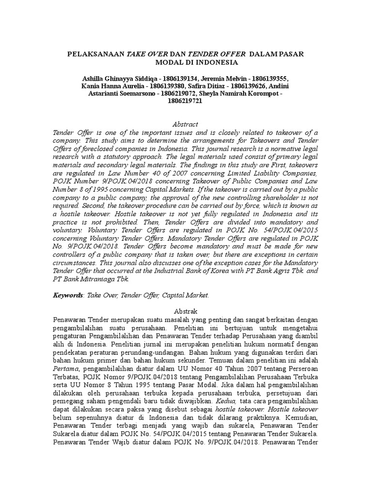 2 Jurnal Kel 9 Takeover Dan Tender Offer ANDINI ASTARIANTI SOEMARSONO | PDF | Companies ...
